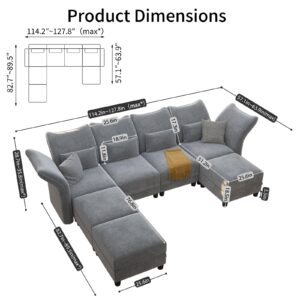 LLappuil Chenille Sectional Couch U Shaped 7 Seater Deep Modular Sectional Sofa with Storage and Adjustable Armrest Backrest, Large Sectional Sleeper Sofa Set, Grey