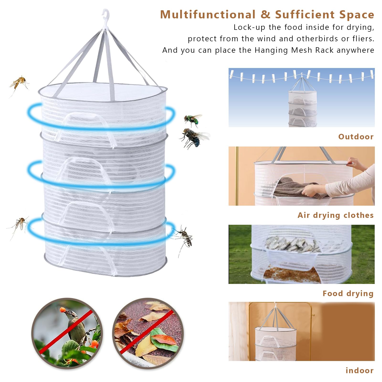 Herb Drying Rack Hanging Drying Rack Mesh for Plants Herb Dryer 4 Layer Collapsible Dry Net with Zipper, Hanging Mesh Net for Plants Hanging Drying, Clothes Dry Basket for Fruits, Flowers, Fish, Doll