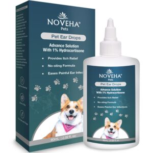 noveha pet ear drops with 1% hydrocortisone | ear cleaner for dogs & cats for earwax buildup, no-sting formula, calms itch & reduces painful ear infections 60ml (60ml (pack of 1))