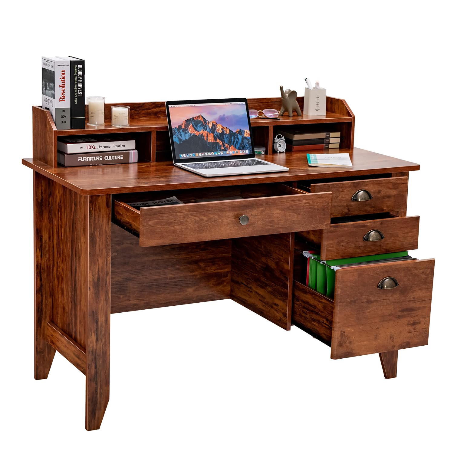 Safeplus 48" Computer Desk with 4 Storage Drawers and Hutch Wood Executive Table for PC Laptop