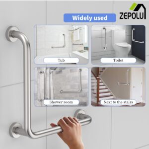 Brushed Nickel Angled Grab Bar 16 Inch, Zepolu Stainless Steel L-Shaped Safety Grab Rail, Bathroom Mobility Aid Handrail, Wall Mounted Balance Support Assist Shower Handle for Senior Elderly Handicap