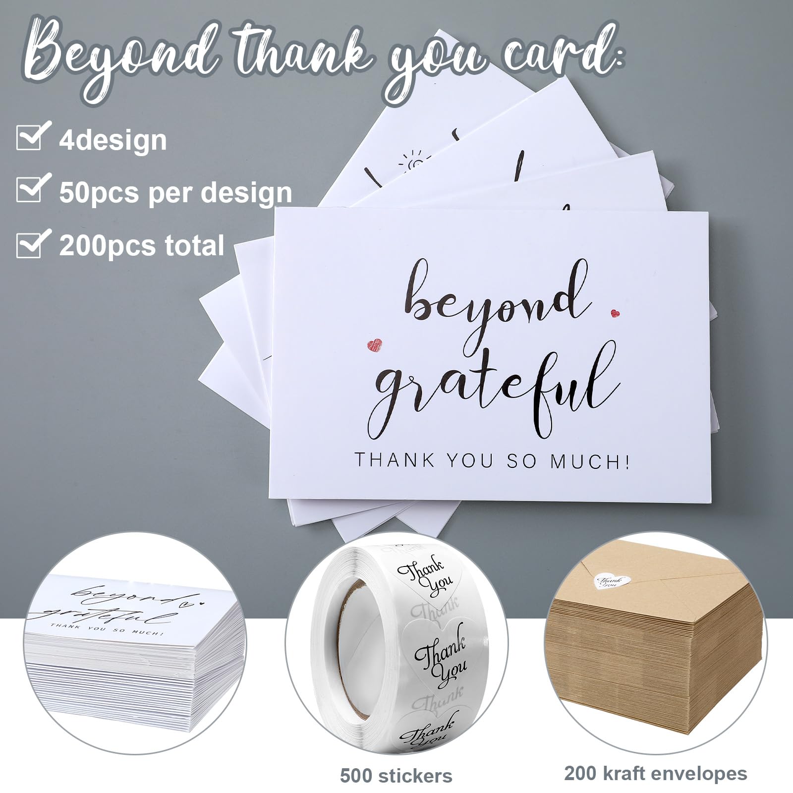 Yeaqee 200 Pack Beyond Grateful Thank You Cards Bulk Thank You Cards with Envelopes and 500 Pcs Matching Stickers 4 x 6 Thank You Cards for Baby Shower Wedding Bridal Shower Business Gratitude Gift