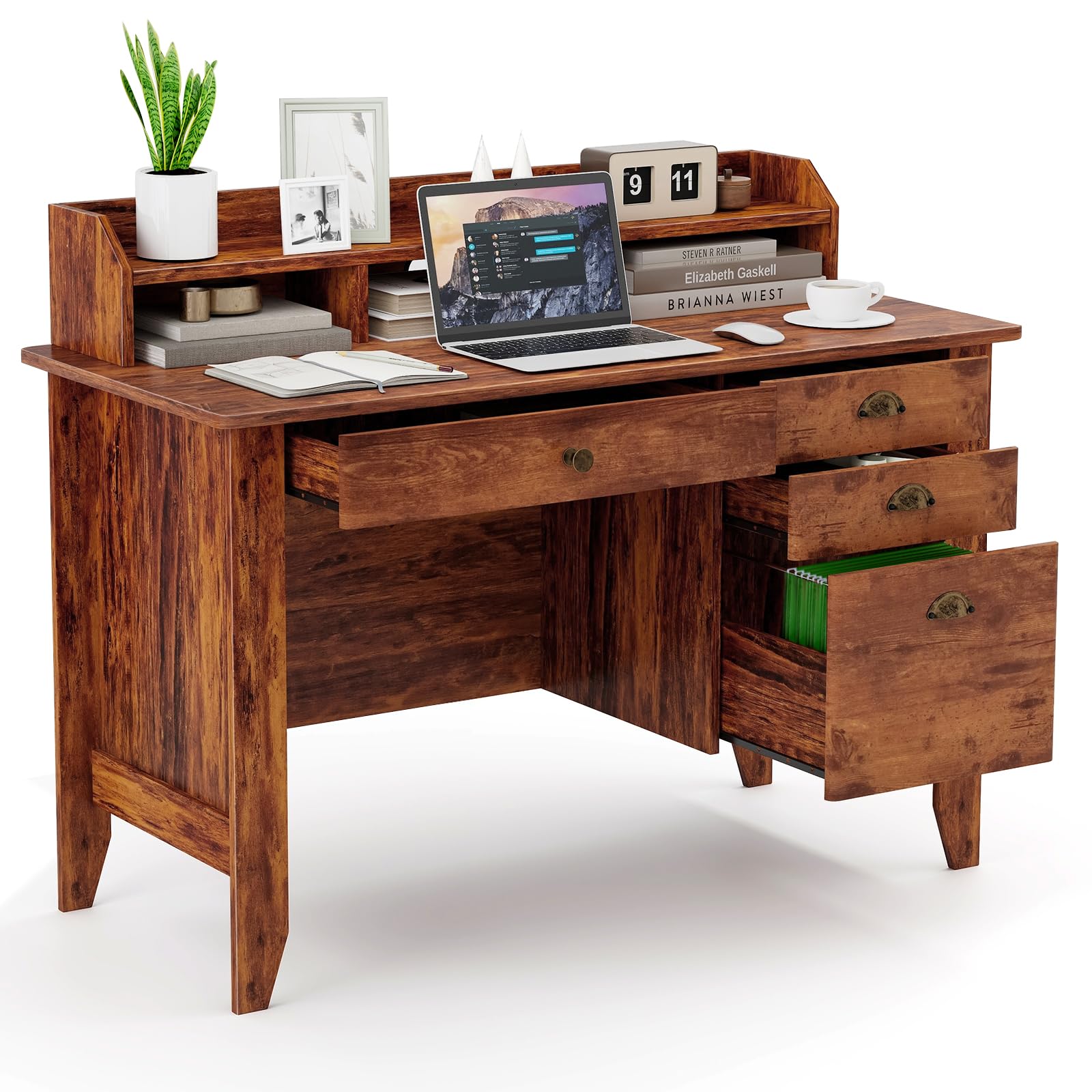 Safeplus 48" Computer Desk with 4 Storage Drawers and Hutch Wood Executive Table for PC Laptop