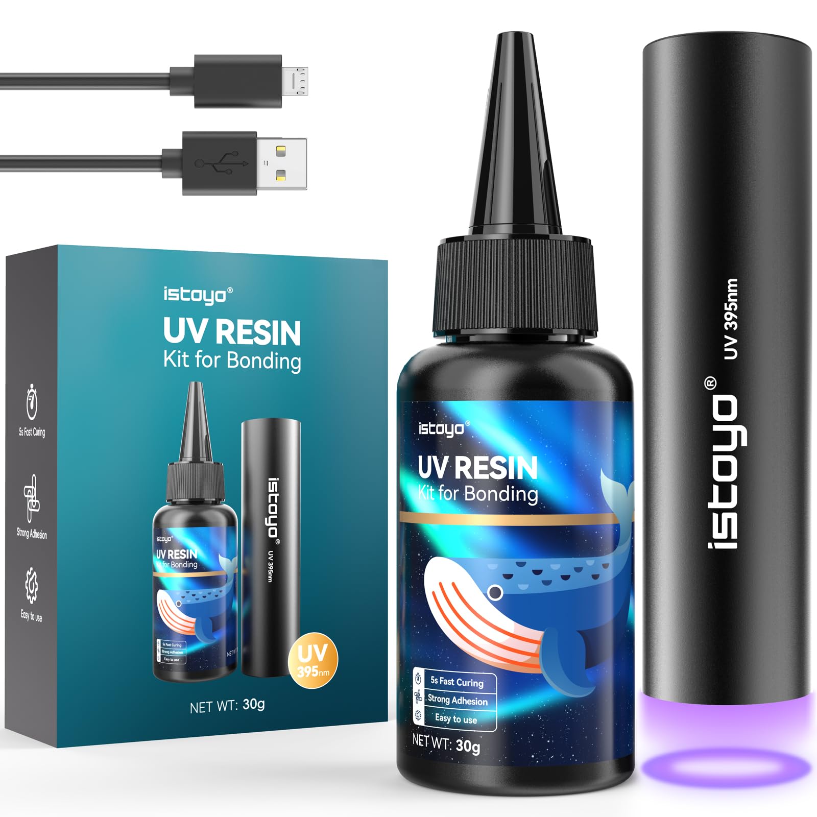 ISTOYO UV Resin Kit with Light, 30g UV Resin with Rechargeable UV Flashlight 395NM, Fast Curing in Seconds for Bonding, Jewelry, Plastic or Glass Repair, Stains Detection