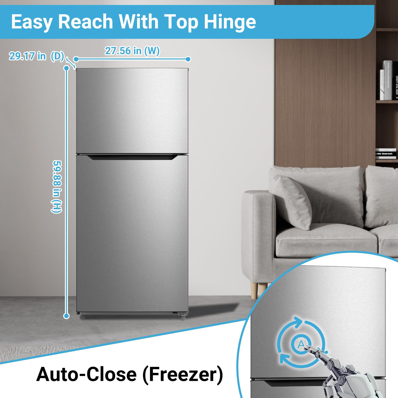 Smad Top Freezer Refrigerator with Reviseble Door 13.9 Cu.ft Refrigerators with Freezer Adjustable Temperature Garage Ready Refrigerator for Home Dorm Kitchen Stainless Steel