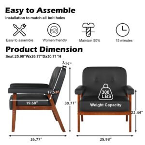 STHOUYN Mid Century Faux Leather Black Accent Chairs Set of 2 with Wood Arms, Comfy Reading Chair Small Spaces, Armchair Comfortable Chairs Living Room Bedroom Office, Easy Assembly (2, Black)