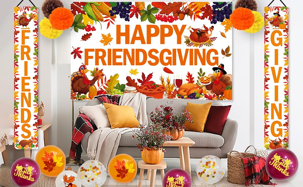 Happy Friendsgiving Banner Thank You Banner and thanksgiving balloons for Friendsgiving Decorations Happy Thanksgiving Decorations Thanksgiving Birthday Decorations Thanksgiving Party Decorations