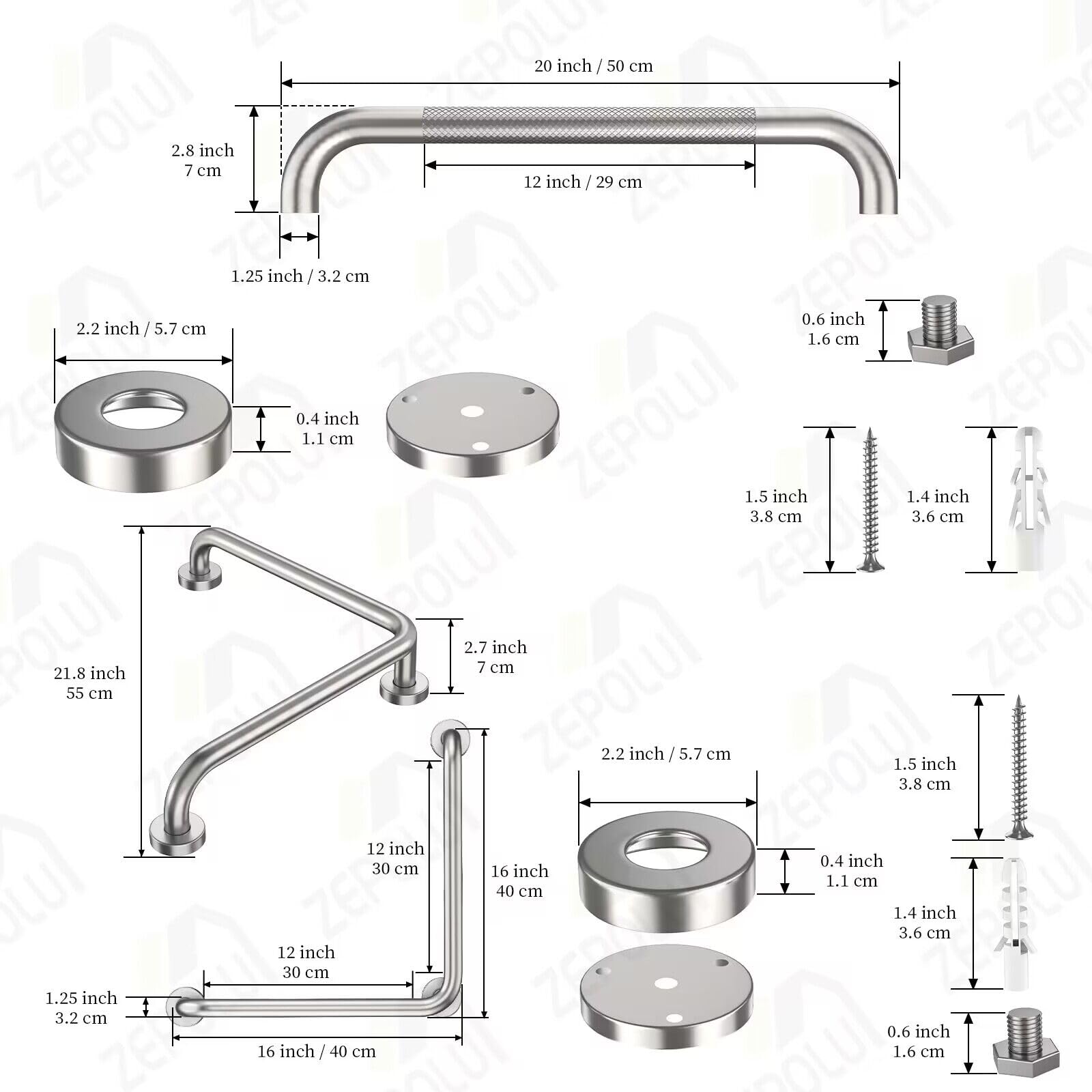 Brushed Nickel Angled Grab Bar 16 Inch, Zepolu Stainless Steel L-Shaped Safety Grab Rail, Bathroom Mobility Aid Handrail, Wall Mounted Balance Support Assist Shower Handle for Senior Elderly Handicap