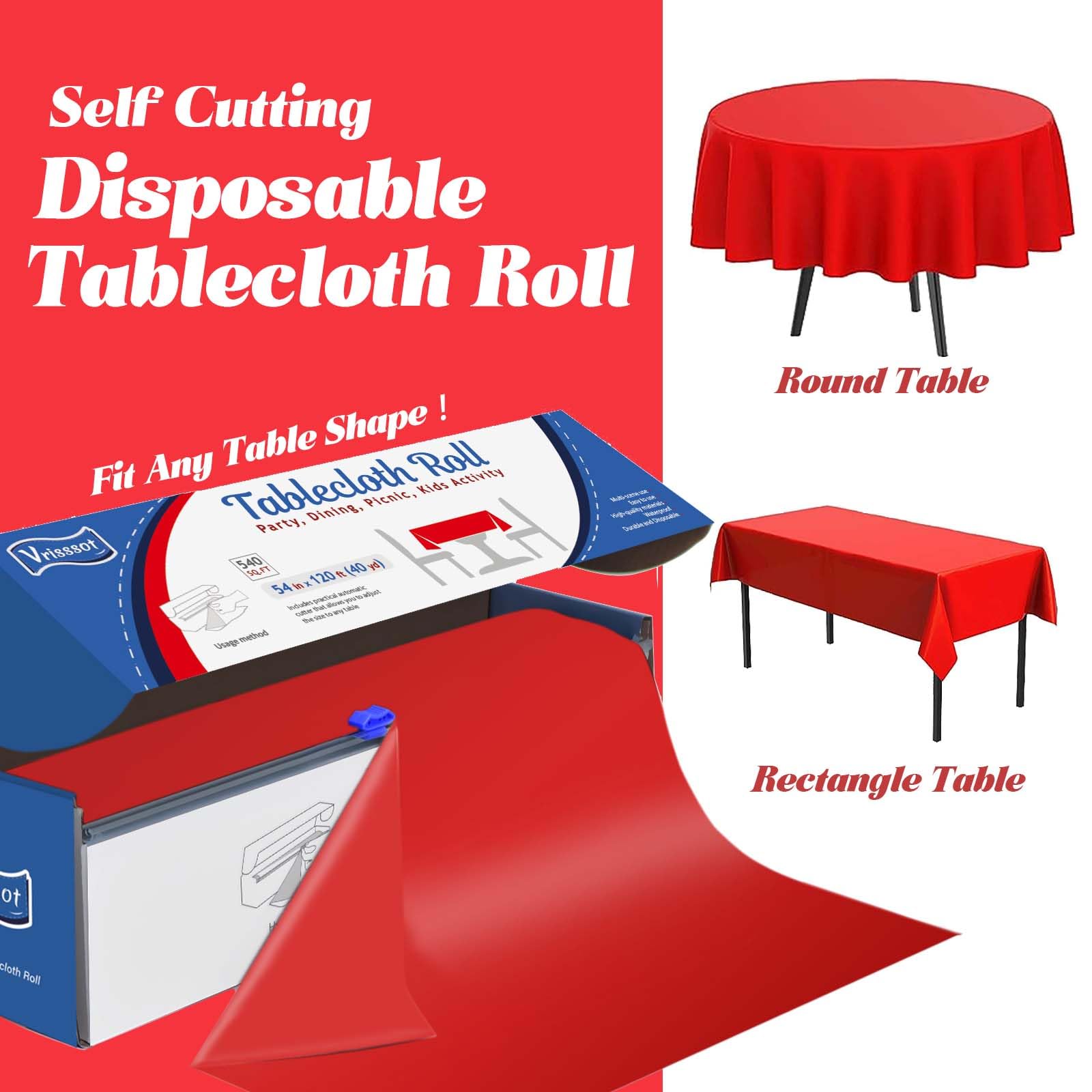 Vrisssot Red Table Cover Roll Disposable Tablecloth: 54in X 120ft Table Covers Plastic Table Cover Roll with Easy Slide Cutter Red Table Covers for Parties Disposable-Red