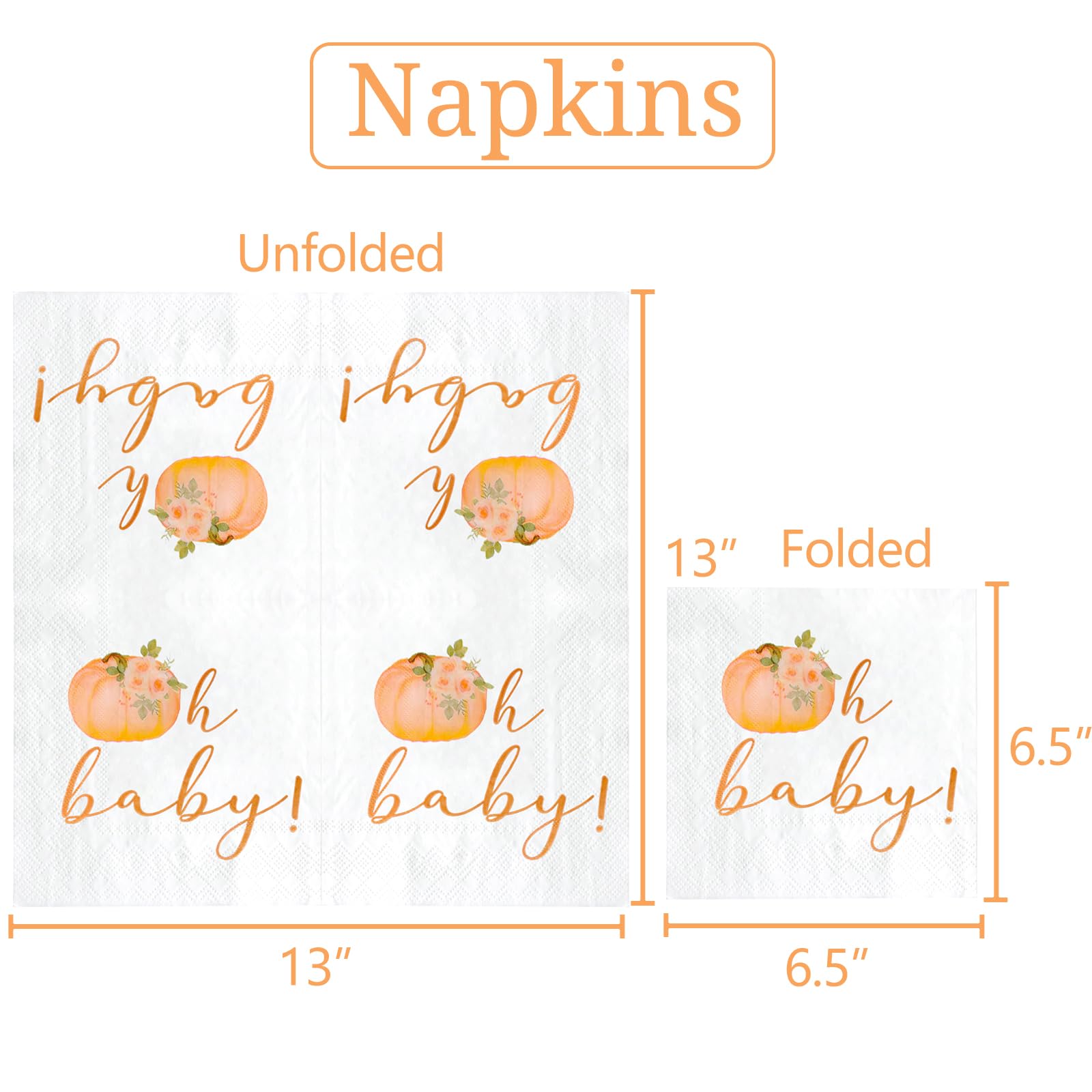 Orange Baby Little Pumpkin Paper Napkins 6.5 x 6.5 Inches Fall Themed Baby Shower Autumn Gender Reveal Tableware Ideas 50 Pack