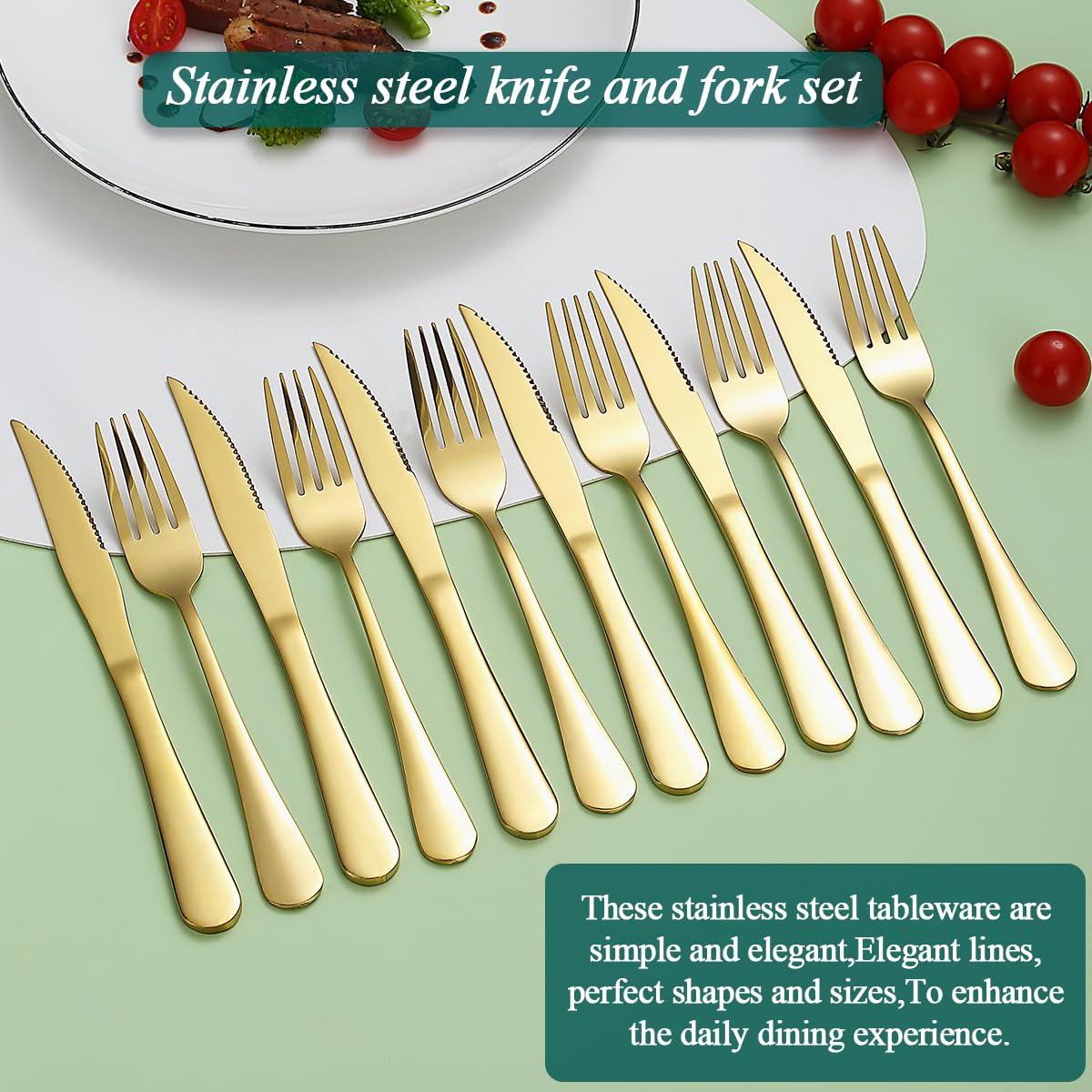 Evanda Gold Steak Knives Set 12 Piece, Gold Titanium Plating Stainless Steel 6 Dinner Forks and 6 Dinner Knives Set, Steak Knives Steak Forks, Dishwasher Safe