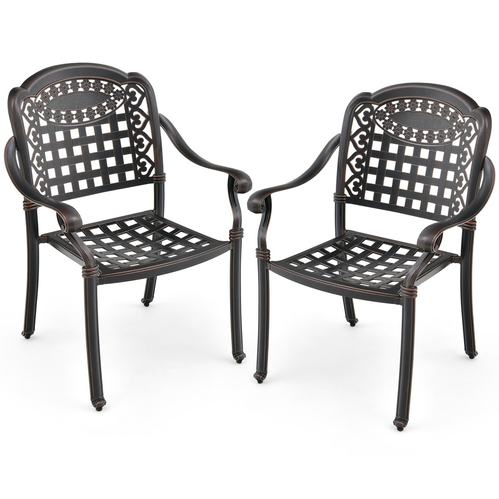 Tangkula Set of 2 Cast Aluminum Patio Dining Chairs, Stackable Outdoor Dining Chairs with Armrests, Outdoor Bistro Chairs for Balcony, Backyard, Garden