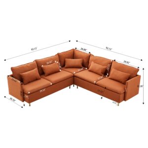 BAMOOLI 92 × 92'' Modular Sectional Couch, Comfy Boucle Teddy Fabric Corner Sofa, L Shape Sectional Sofa 5-Seater Couch with Gold Metal Legs, Corner Couch for Living Room, Bedroom, Apartment, Orange