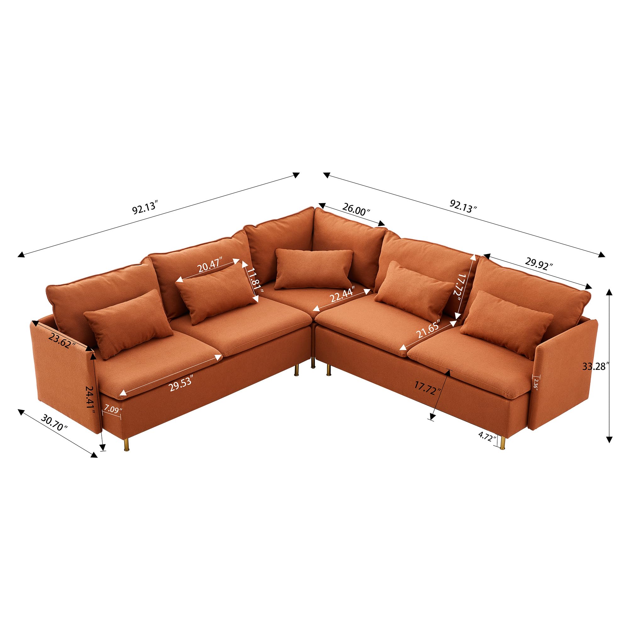 BAMOOLI 92 × 92'' Modular Sectional Couch, Comfy Boucle Teddy Fabric Corner Sofa, L Shape Sectional Sofa 5-Seater Couch with Gold Metal Legs, Corner Couch for Living Room, Bedroom, Apartment, Orange