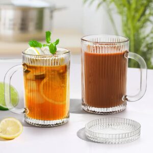 Noamus 2 Pack Coffee Mugs with Glass Lid, 13 oz Clear Ribbed Vertical Stripes Tea Cup, Premium Classic Drinking Glassware Set for Hot Cold Beverage, House Warming Christmas Anniversary Birthday Gift