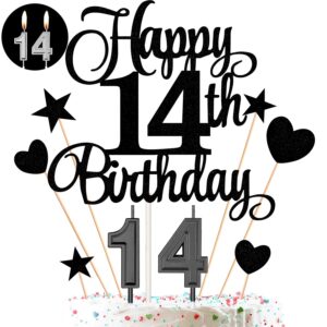 14th birthday cake decorations set include 14th birthday candles numeral 14 cake candles and happy 14th birthday cake toppers with heart star cupcake picks for birthday party (black series)