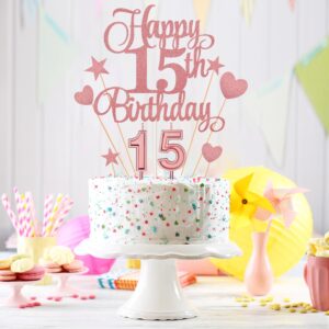 15th Birthday Cake Decorations Set Include 15th Birthday Candles Numeral 15 Cake Candles and Happy 15th Birthday Cake Toppers with Heart Star Cupcake Picks for Birthday Party (Rose Gold Series)