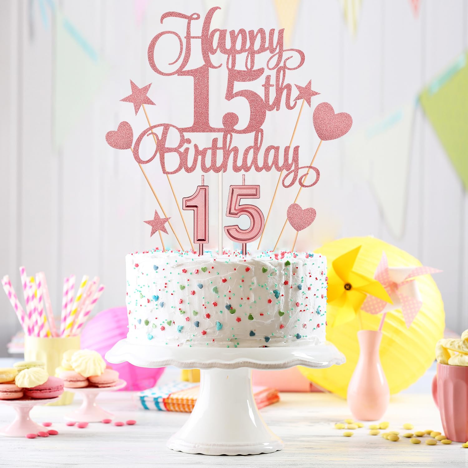 15th Birthday Cake Decorations Set Include 15th Birthday Candles Numeral 15 Cake Candles and Happy 15th Birthday Cake Toppers with Heart Star Cupcake Picks for Birthday Party (Rose Gold Series)