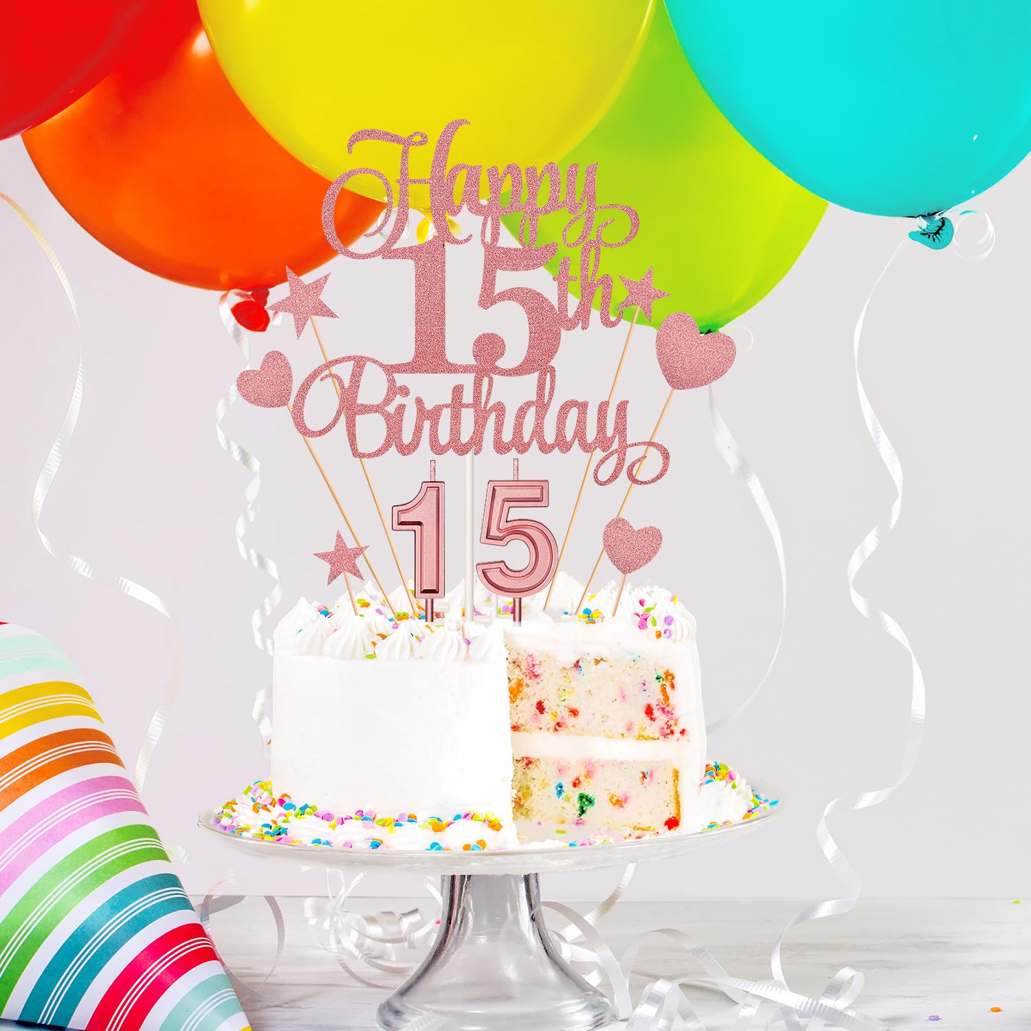 15th Birthday Cake Decorations Set Include 15th Birthday Candles Numeral 15 Cake Candles and Happy 15th Birthday Cake Toppers with Heart Star Cupcake Picks for Birthday Party (Rose Gold Series)