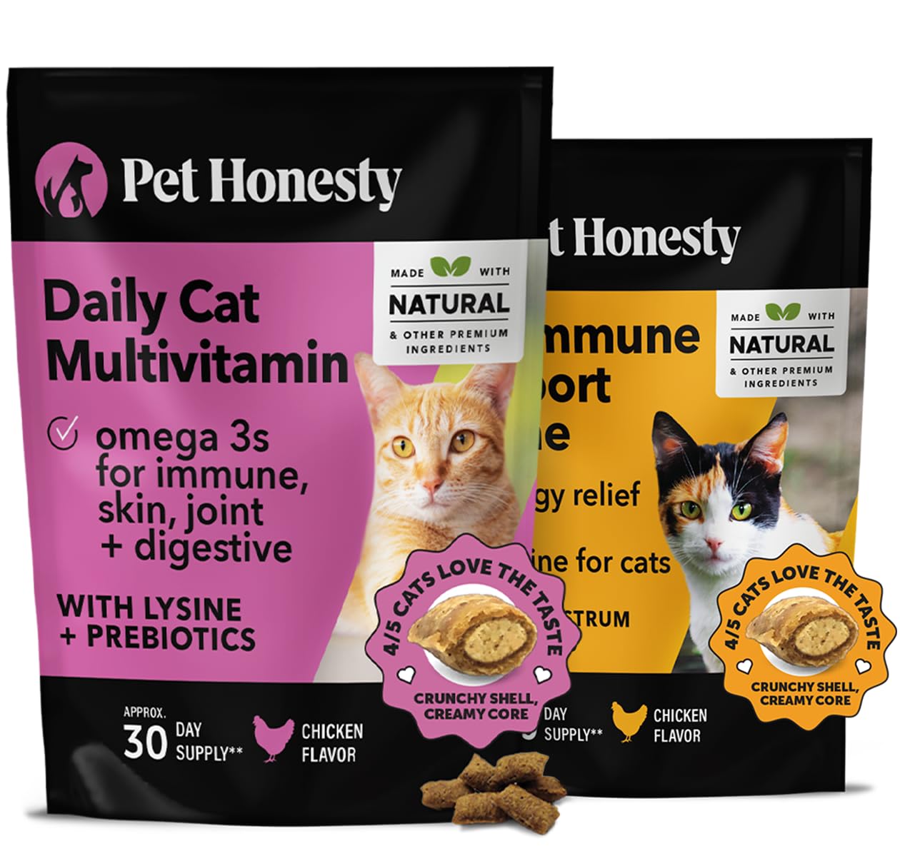 PetHonesty Cat Multivitamins + Cat Immune Support Lysine Dual Texture Chew Supplement Bundle - Supports Overall Immune Health, Joints, Skin & Coat, and Cat Allergy Relief - Sneezing, Runny Nose