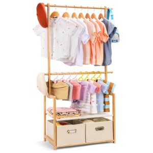 vilaxing kids clothing rack bamboo with 2 storage baskets and 2 adjustable hanging rods,child garment rack,dress up rack for playroom,toddlers bedroom (natural)