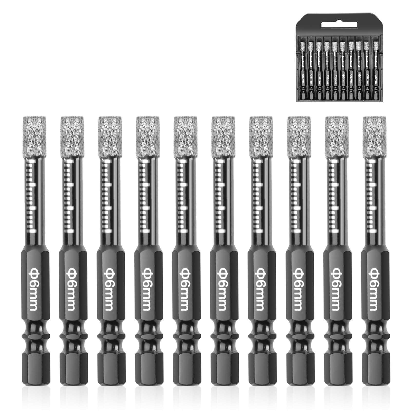 Diamond Drill Bits,NOEAIKE 10-Pack 1/4"(6mm) Dry Diamond Core Drill Bit Set for Ceramic,Granite,Tile,Glass,Marble,Brick,Stone with 1/4 Hex Shank