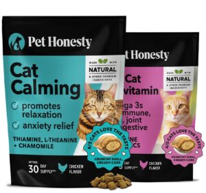 pet honesty cat calming + cat multivitamins dual texture chew supplement bundle - helps reduce stress and cat anxiety, supports overall immune health, joints, skin & coat, and digestion