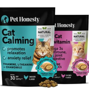 Pet Honesty Cat Calming + Cat Multivitamins Dual Texture Chew Supplement Bundle - Helps Reduce Stress and Cat Anxiety, Supports Overall Immune Health, Joints, Skin & Coat, and Digestion