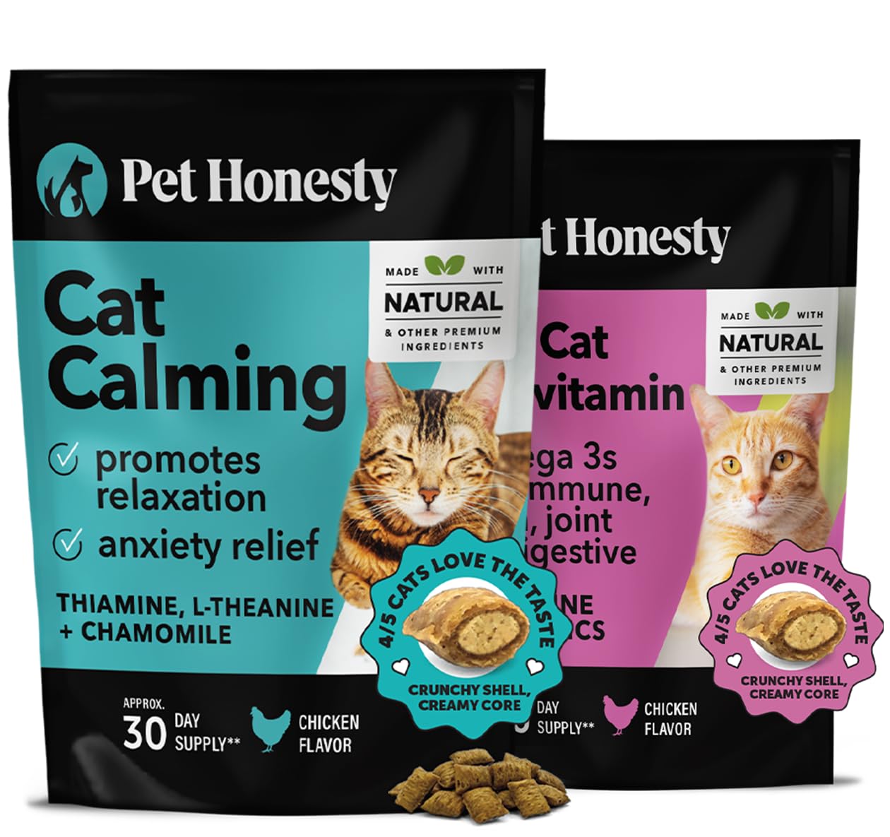 Pet Honesty Cat Calming + Cat Multivitamins Dual Texture Chew Supplement Bundle - Helps Reduce Stress and Cat Anxiety, Supports Overall Immune Health, Joints, Skin & Coat, and Digestion