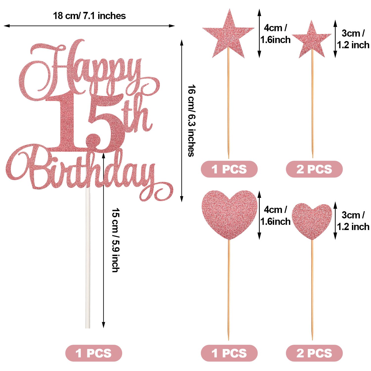 15th Birthday Cake Decorations Set Include 15th Birthday Candles Numeral 15 Cake Candles and Happy 15th Birthday Cake Toppers with Heart Star Cupcake Picks for Birthday Party (Rose Gold Series)