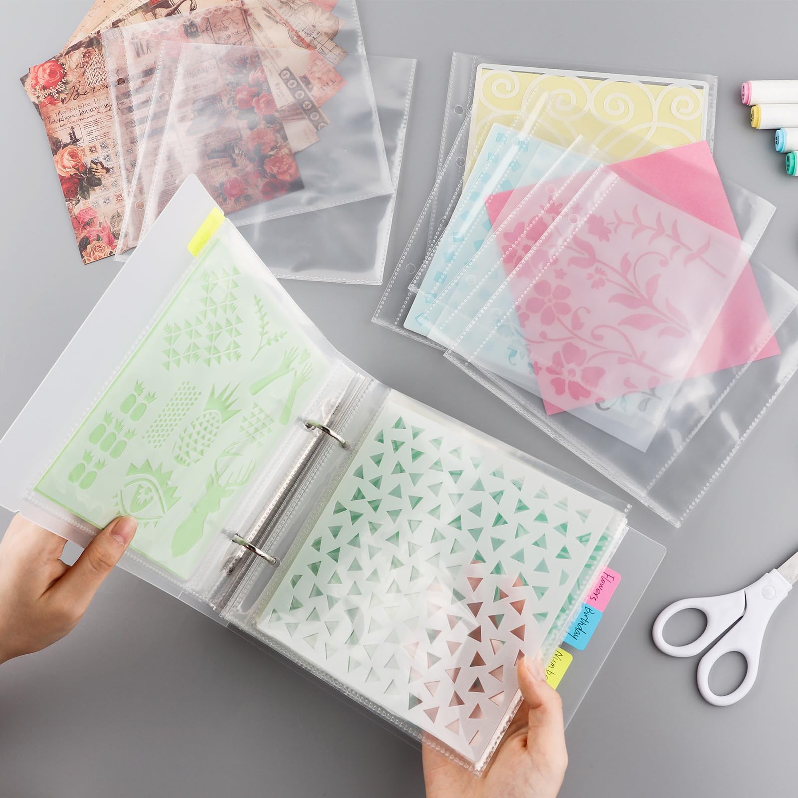 BAOFALI 100 Pags 6" X6" Clear Plastic Binder Pockets,2 Holes 2 Pockets Per Page, can Fit More Stencils,Made Exclusively for Stencils,Die Cuts,Photos,Stamps Within Size 6x6 Storage Bills Organizer