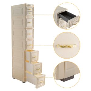 CNCEST 7 Tier Bathroom Floor Cabinet, Vertical Storage Unit with Drawers and Casters, Large Capacity Narrow Tall Slim Storage Tower, Waterproof Toilet Paper Storage Cabinet for Small Spaces Gaps