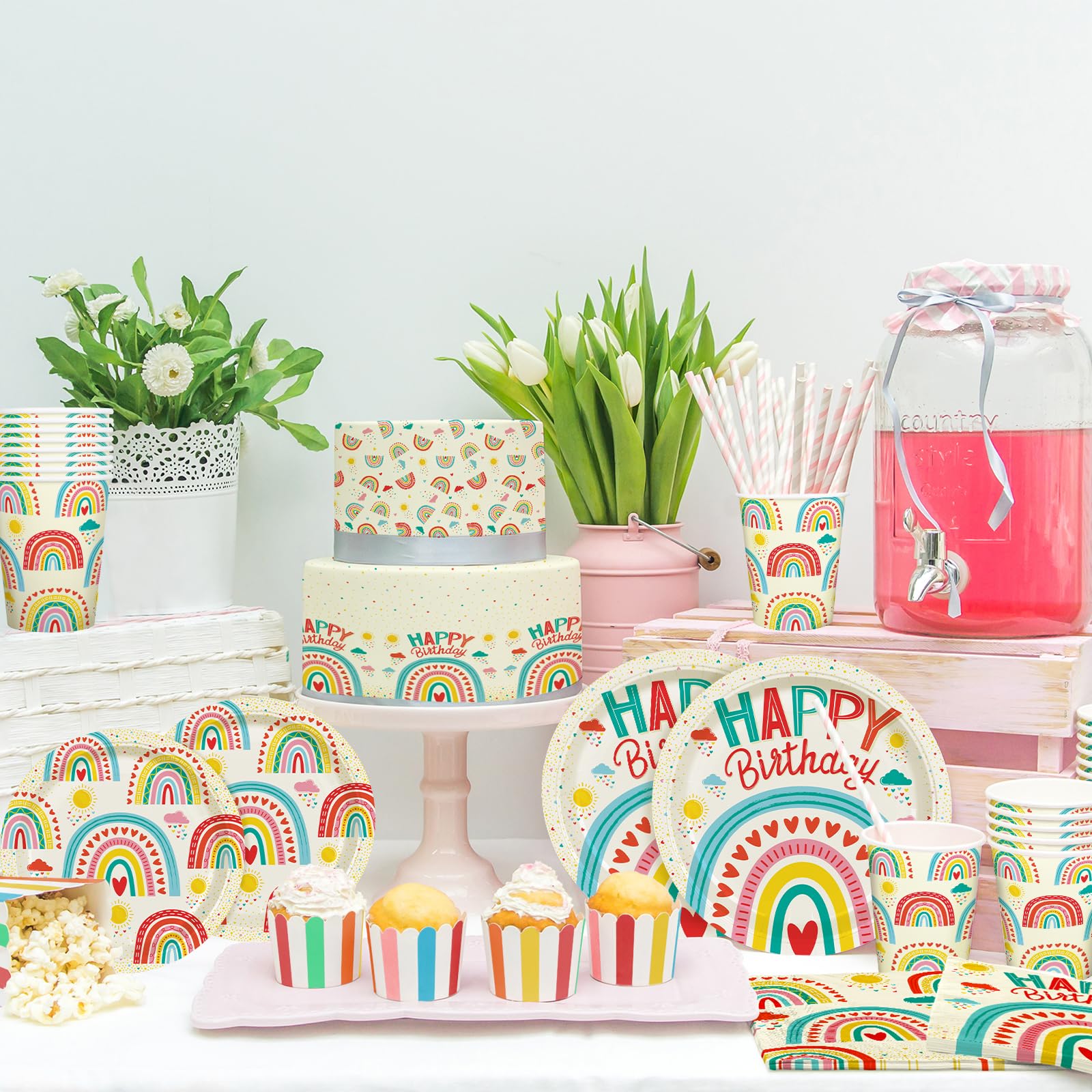 Retro Rainbow Themed Happy Birthday Party Supplies Set - Vibrant Disposable Paper Plates, Cups, Napkins, Tablecloth & Birthday Banner - Fun & Colorful Design for Boys/Girls - For 25 Guests