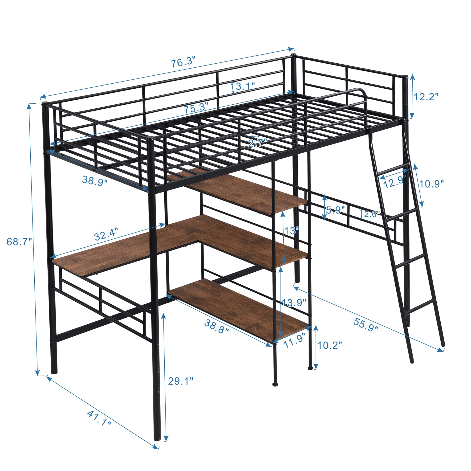 P PURLOVE Twin Size Metal Loft Bed with Desk for Kids,Girls,Boys,Twin High Loft Bed with Storage Shelves and Built in Ladder for Living Room,No Box Spring Needed,Black