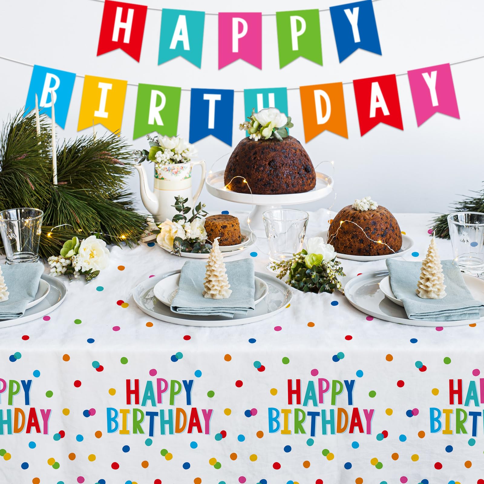 Happy Birthday Decorations: Birthday Party Supplies Set - Birthday Dots Design with Happy Birthday Tablecloth. Includes 3 Pack of 54X108inch Waterproof Plastic Table Covers for Boys/Girls Party