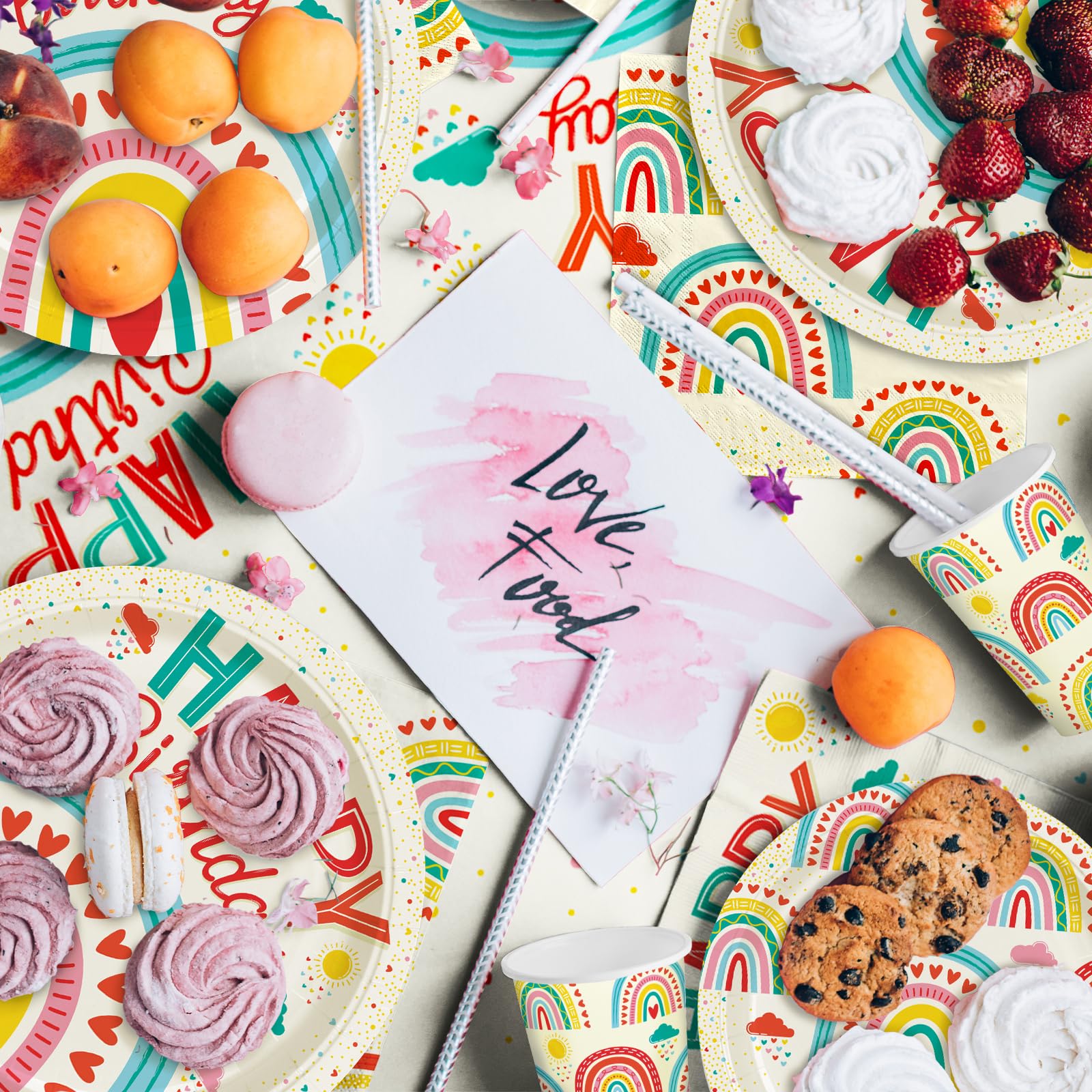 Retro Rainbow Themed Happy Birthday Party Supplies Set - Vibrant Disposable Paper Plates, Cups, Napkins, Tablecloth & Birthday Banner - Fun & Colorful Design for Boys/Girls - For 25 Guests