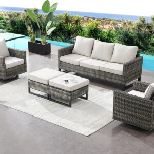 HUMMUH Patio Furniture Set 5 Piece Outdoor Sectional Sofa,PE Wicker Patio Swivel Rocker Chairs with Ottomans for Porch,Garden,Backyard