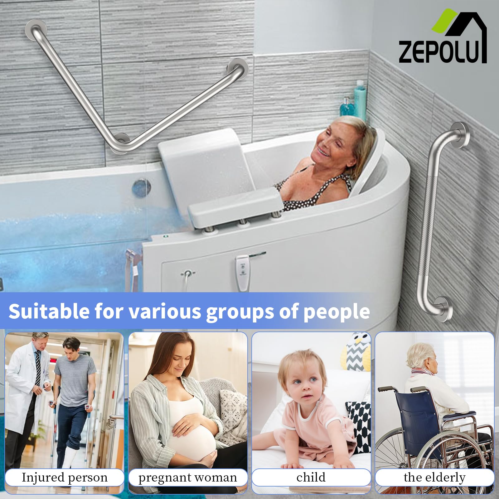 Brushed Nickel Angled Grab Bar 16 Inch, Zepolu Stainless Steel L-Shaped Safety Grab Rail, Bathroom Mobility Aid Handrail, Wall Mounted Balance Support Assist Shower Handle for Senior Elderly Handicap