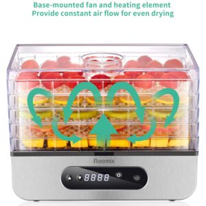 Reemix Food Dehydrator Machine, Compact Dehydrators for Food and Jerky, Fruits, Veggies, 500W Dehydrated Dryer with Temperature Control, 5 BPA-Free Trays Dishwasher Safe, Silver