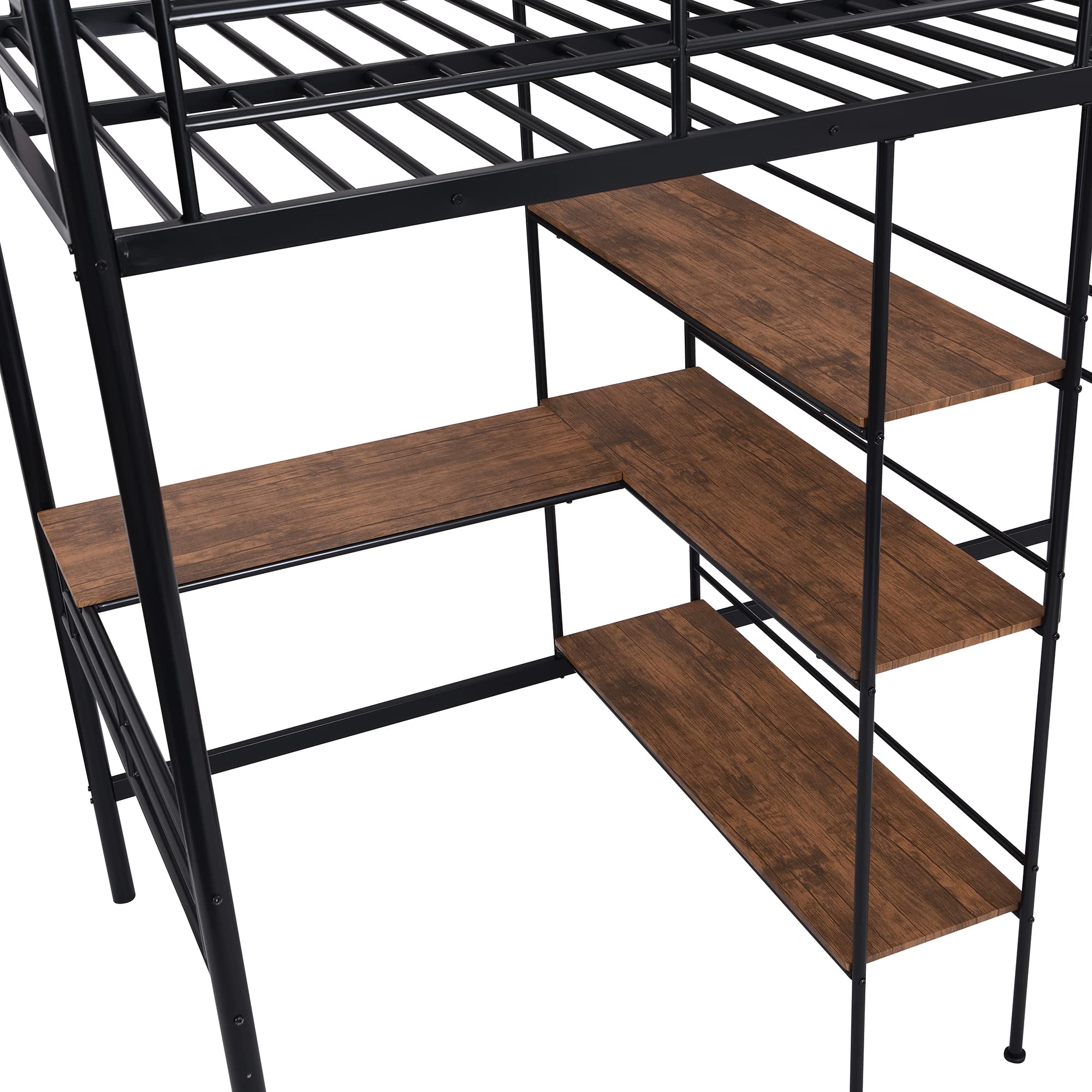 P PURLOVE Twin Size Metal Loft Bed with Desk for Kids,Girls,Boys,Twin High Loft Bed with Storage Shelves and Built in Ladder for Living Room,No Box Spring Needed,Black