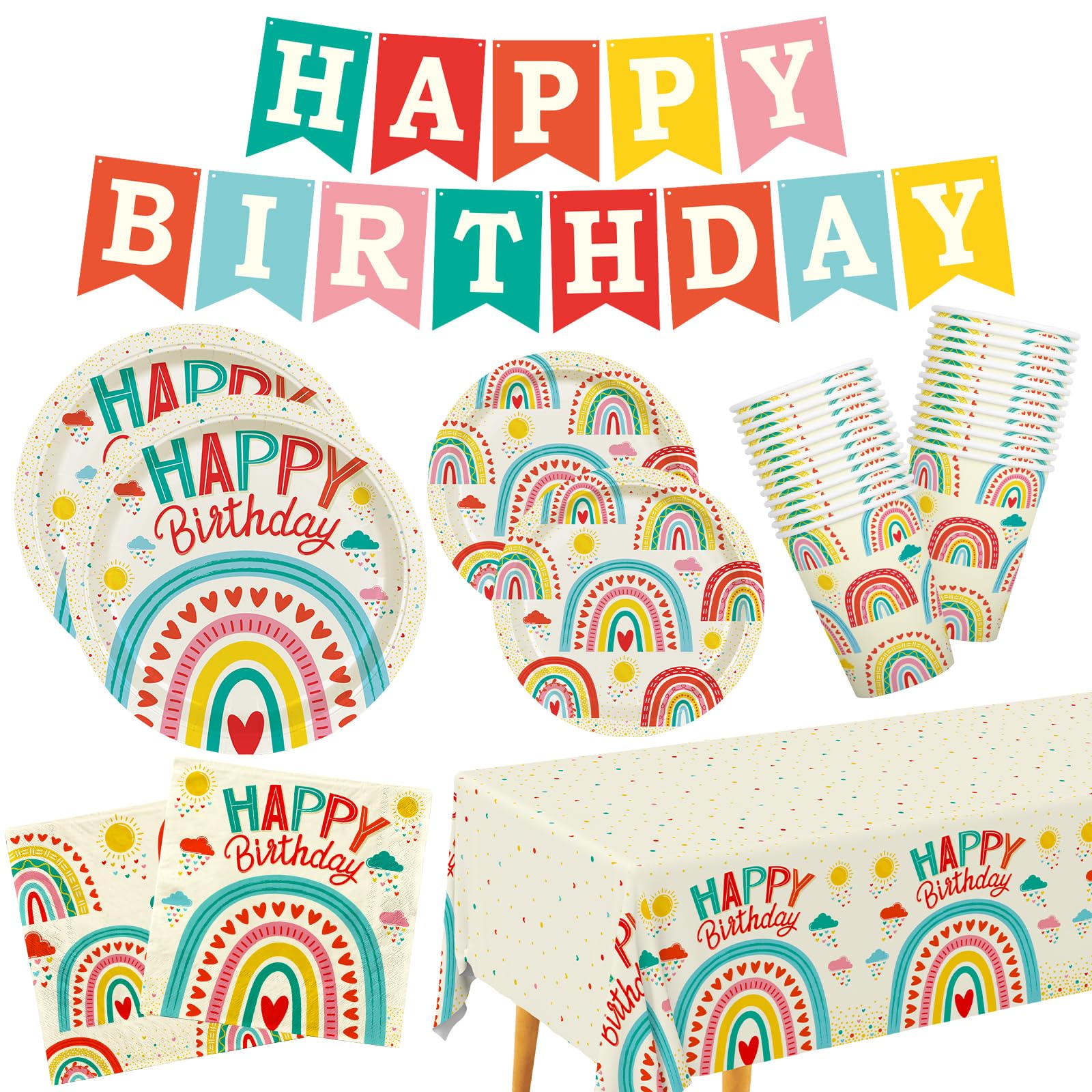 Retro Rainbow Themed Happy Birthday Party Supplies Set - Vibrant Disposable Paper Plates, Cups, Napkins, Tablecloth & Birthday Banner - Fun & Colorful Design for Boys/Girls - For 25 Guests