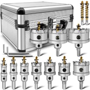 zeliceka tct 14 pcs carbide hole saw kit for hard metal, heavy duty carbide tungsten carbide tipped hole saw set, with 1 aluminum box 2 extra pilot drill bits and 2 hex key