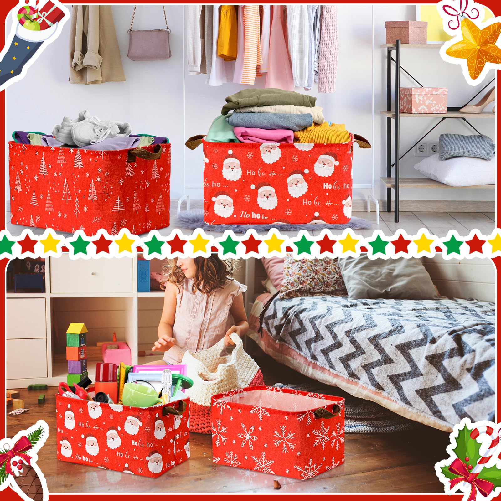 Layhit 3 Pcs Christmas Storage Bins Large Foldable Christmas Basket with Handles Xmas Tree Santa Snowflake Storage Boxes Fabric Collapsible Red Storage Basket for Cloth Toy Book Storage