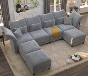 llappuil chenille sectional couch u shaped 7 seater deep modular sectional sofa with storage and adjustable armrest backrest, large sectional sleeper sofa set, grey