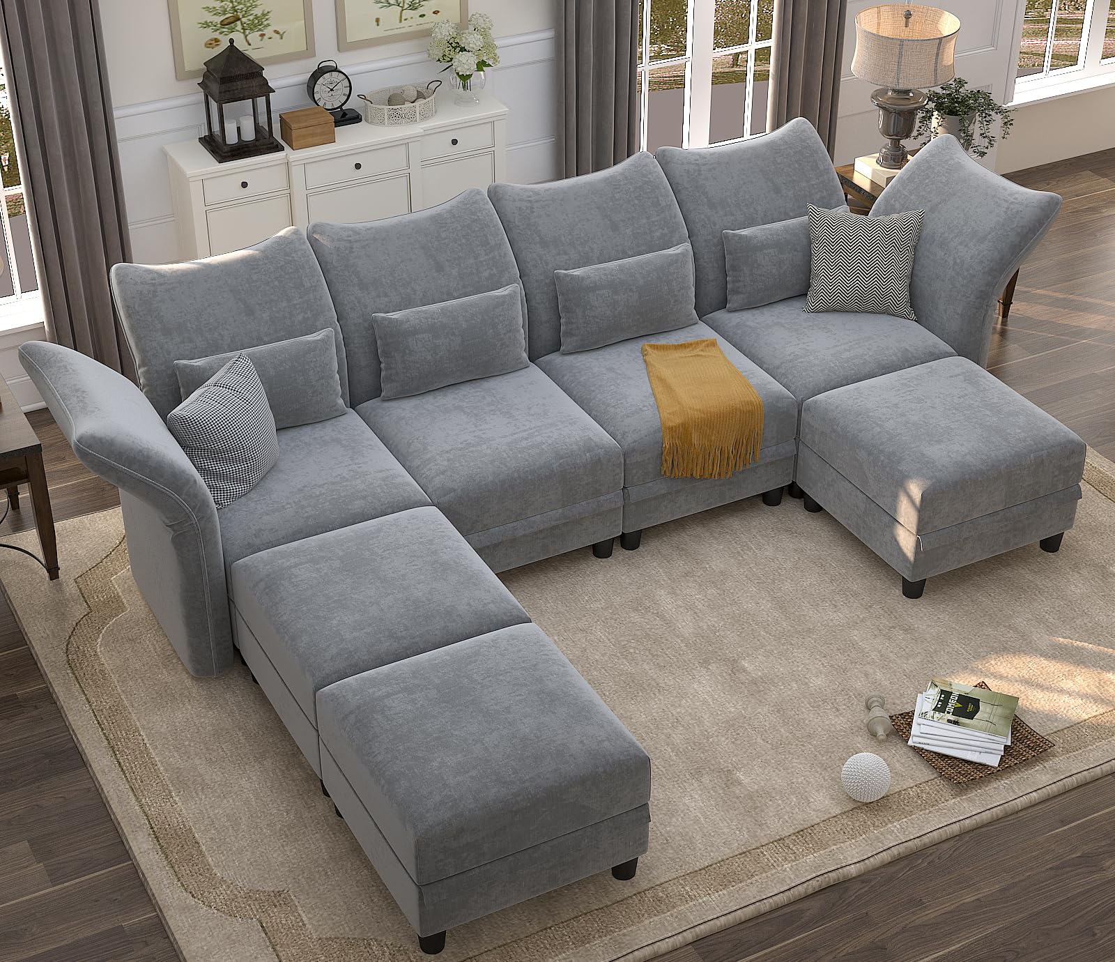 LLappuil Chenille Sectional Couch U Shaped 7 Seater Deep Modular Sectional Sofa with Storage and Adjustable Armrest Backrest, Large Sectional Sleeper Sofa Set, Grey