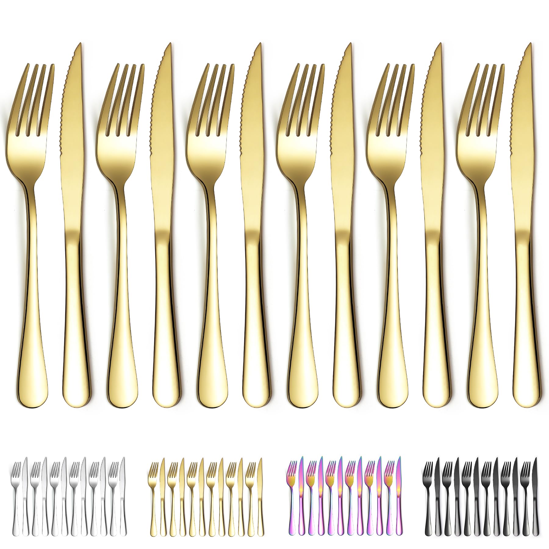 Evanda Gold Steak Knives Set 12 Piece, Gold Titanium Plating Stainless Steel 6 Dinner Forks and 6 Dinner Knives Set, Steak Knives Steak Forks, Dishwasher Safe