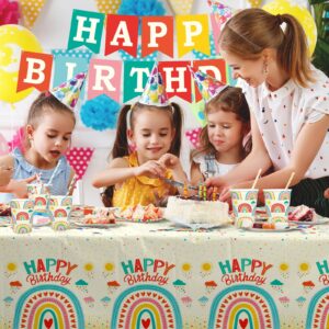 Retro Rainbow Themed Happy Birthday Party Supplies Set - Vibrant Disposable Paper Plates, Cups, Napkins, Tablecloth & Birthday Banner - Fun & Colorful Design for Boys/Girls - For 25 Guests