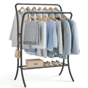 songmics clothes rack, clothing rack with shelves, garment racks heavy duty, double rod clothes rack with 6 hooks, clothes storage and display, for living room, bedroom, ink black uhsr109b01