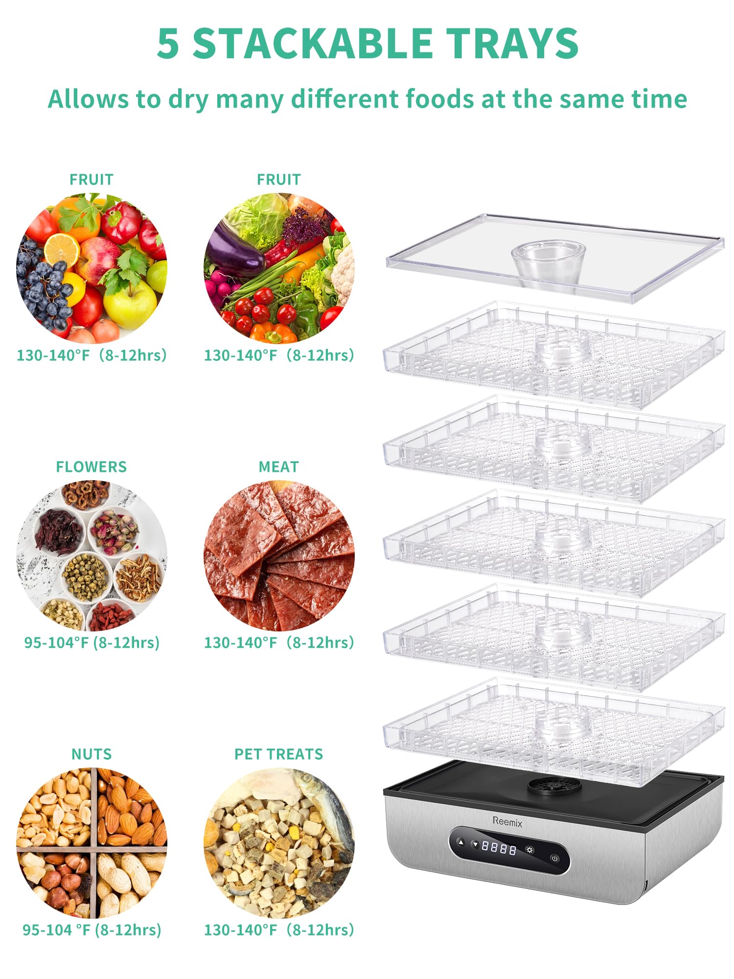 Reemix Food Dehydrator Machine, Compact Dehydrators for Food and Jerky, Fruits, Veggies, 500W Dehydrated Dryer with Temperature Control, 5 BPA-Free Trays Dishwasher Safe, Silver