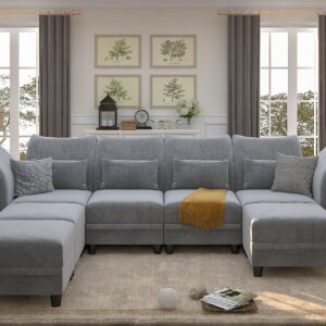 LLappuil Chenille Sectional Couch U Shaped 7 Seater Deep Modular Sectional Sofa with Storage and Adjustable Armrest Backrest, Large Sectional Sleeper Sofa Set, Grey